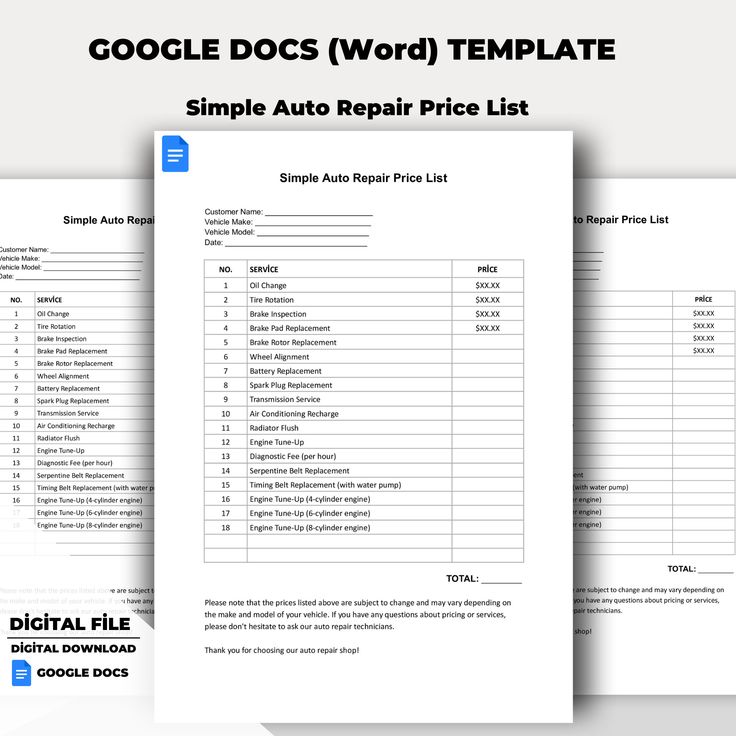 Auto Parts Price List Template
