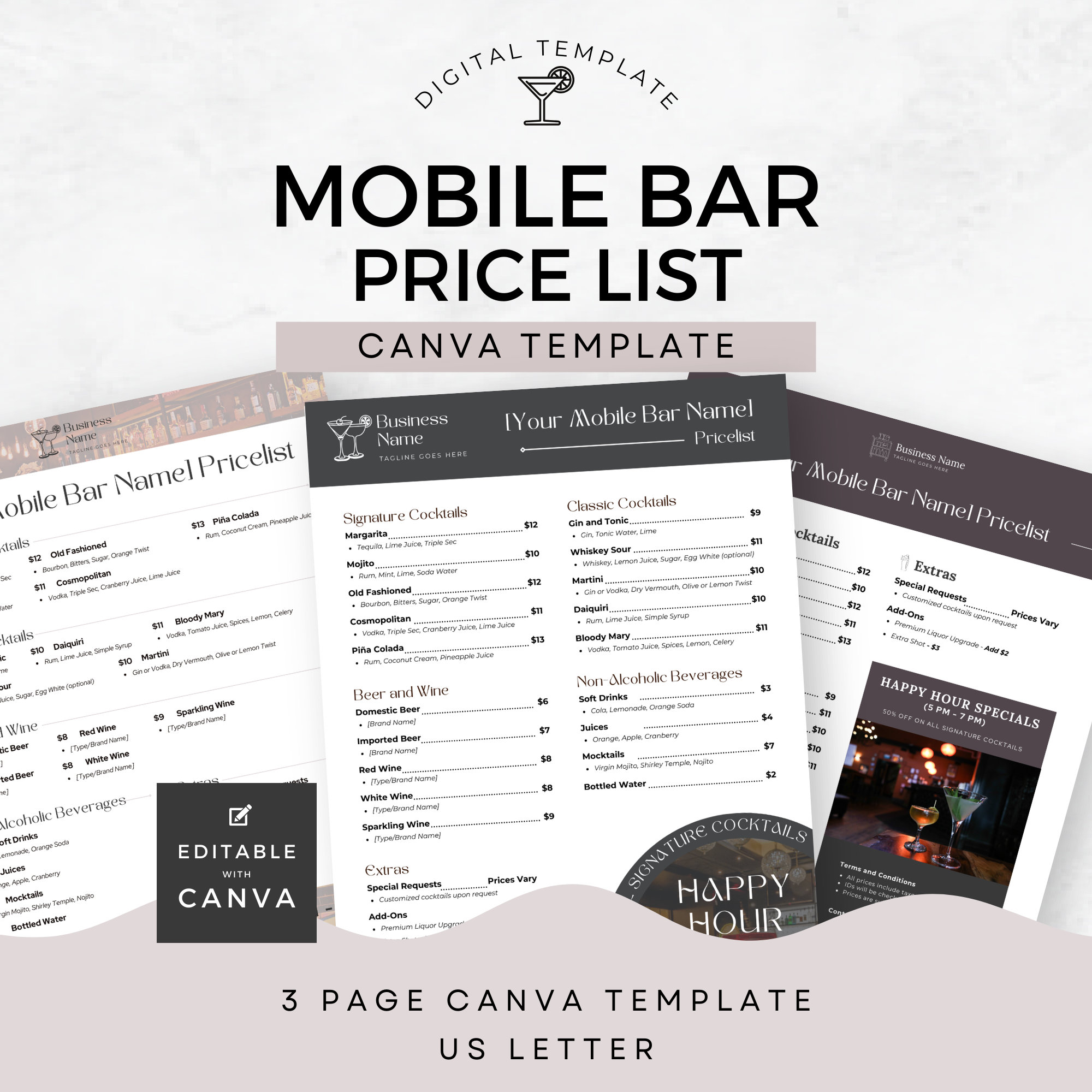 Bar Drinks Price List Template