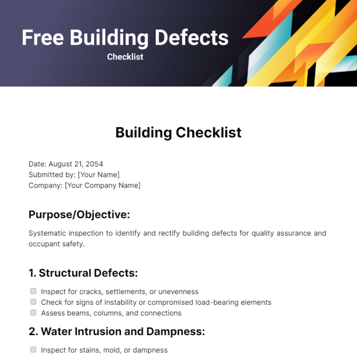 Building Construction Defects List Template