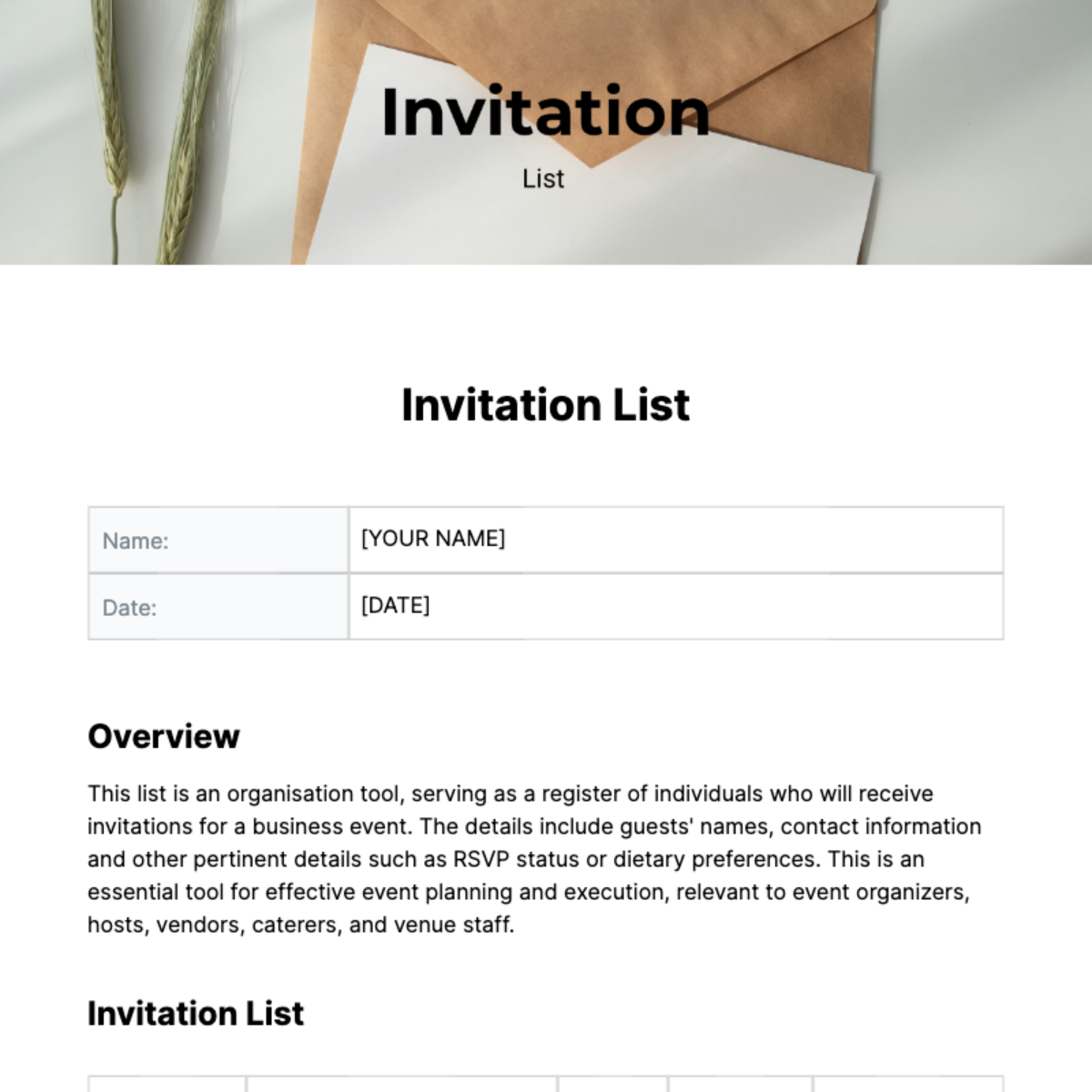 Business Event Guest List Template