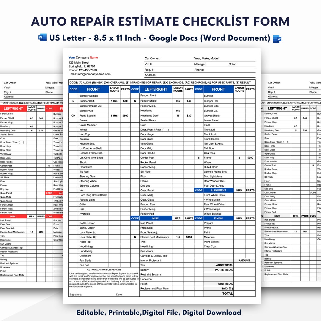 Car Repair Parts List Template