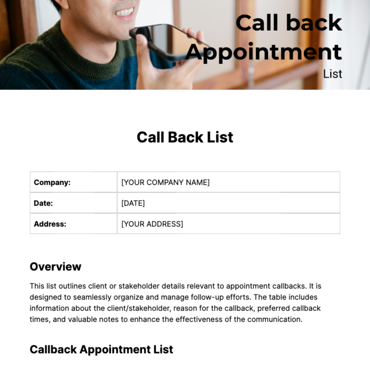 Customer Call Back List Template