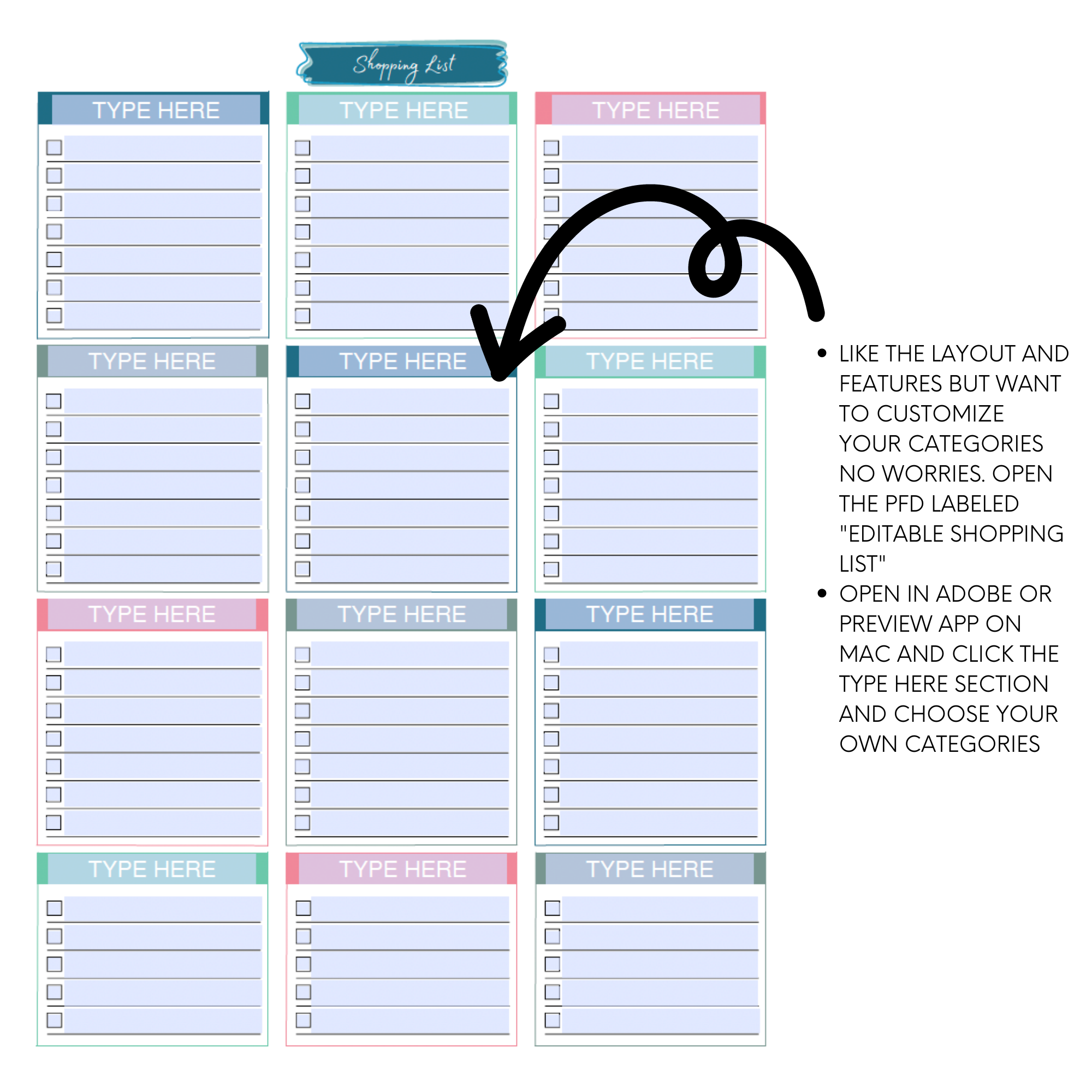 Editable Customizable Grocery List Template