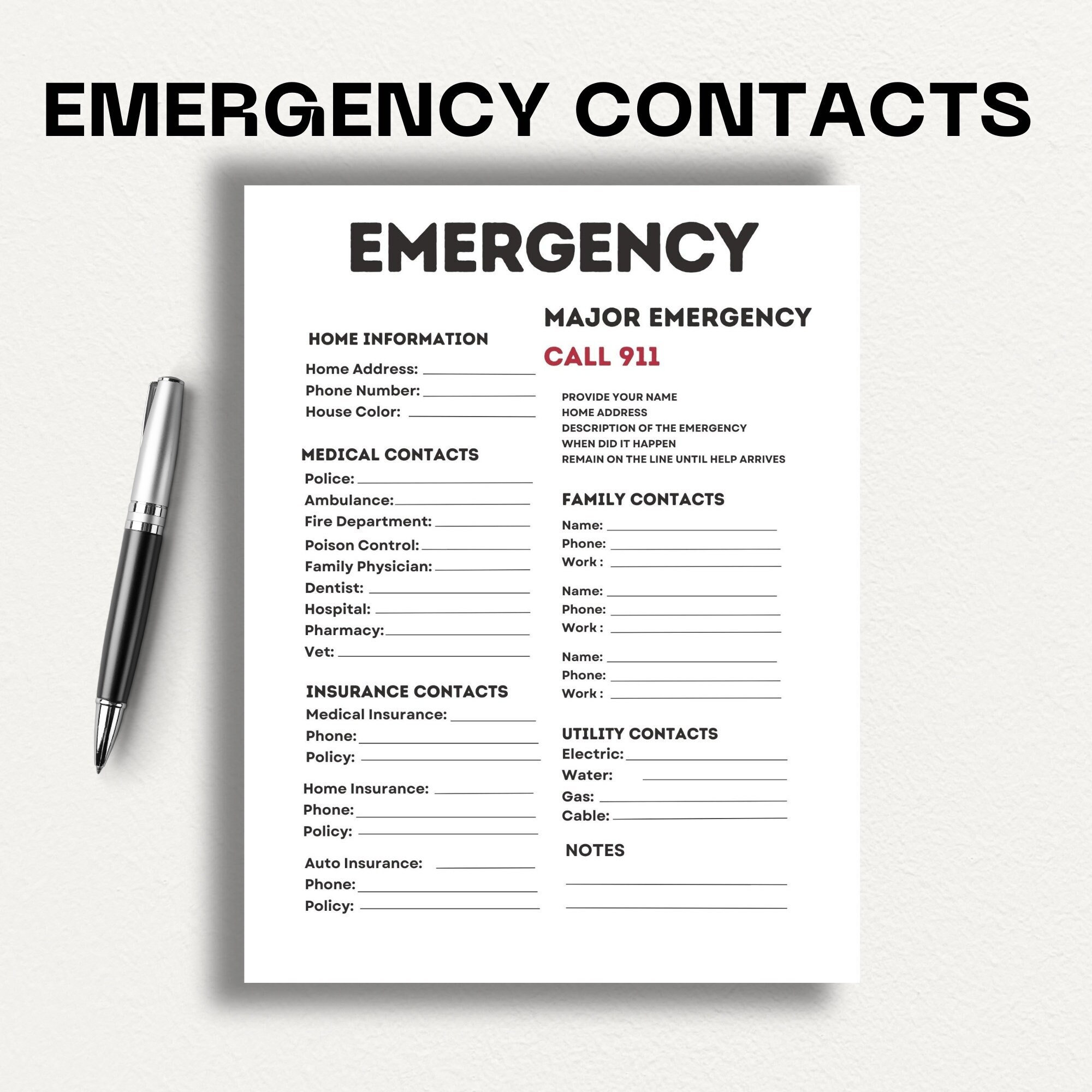 Family Emergency Contact List Template