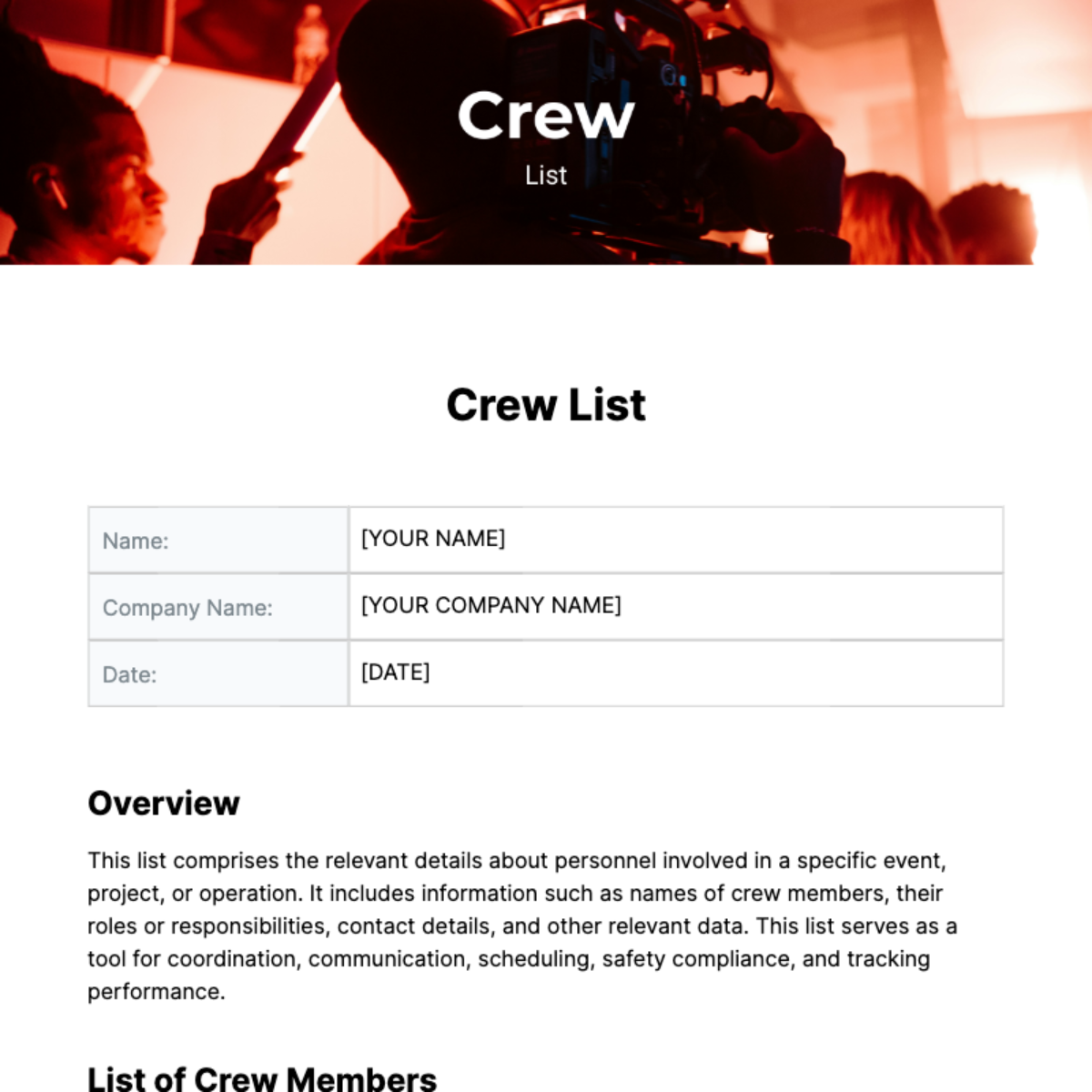 Film Crew Contact List Template