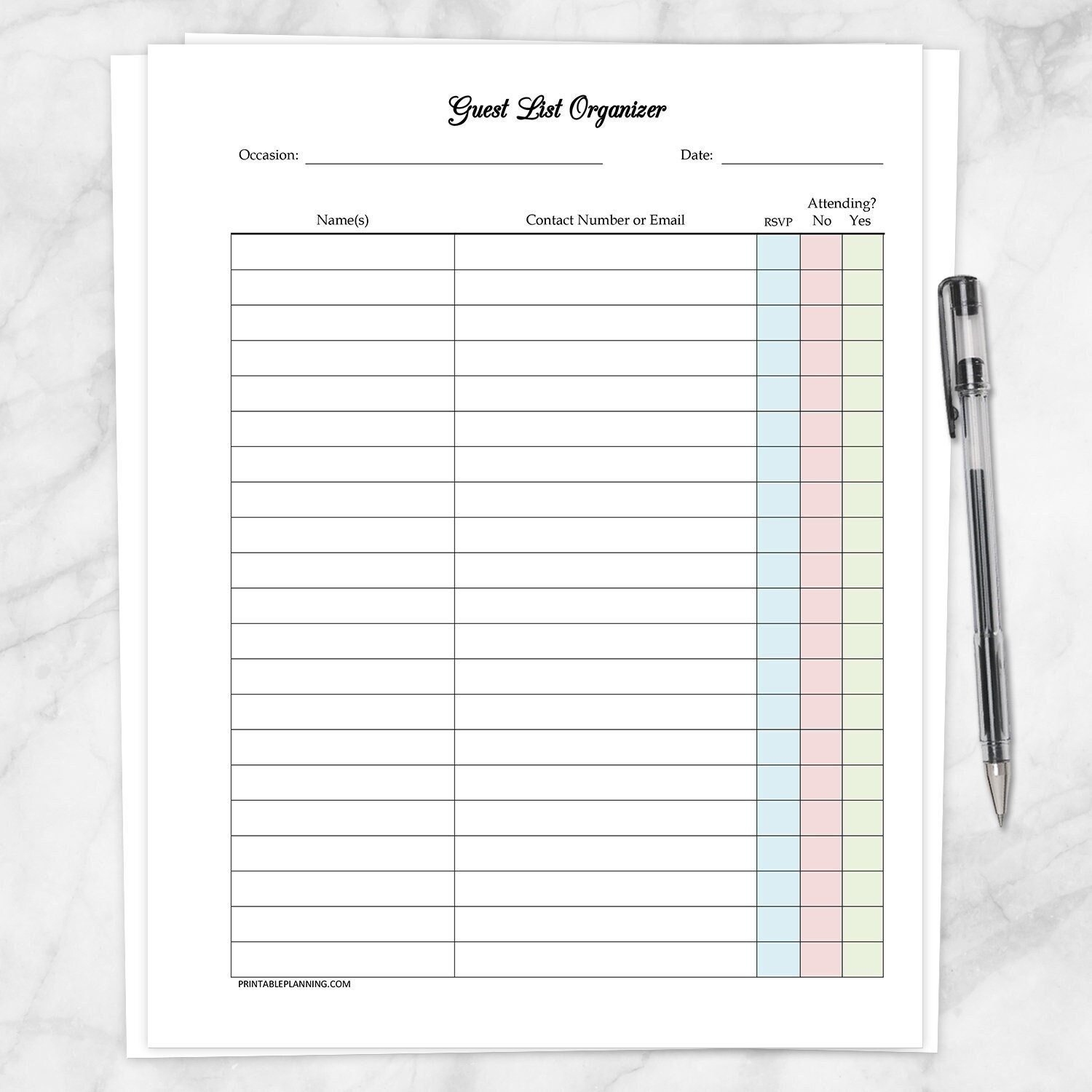 Guest Check In List Template