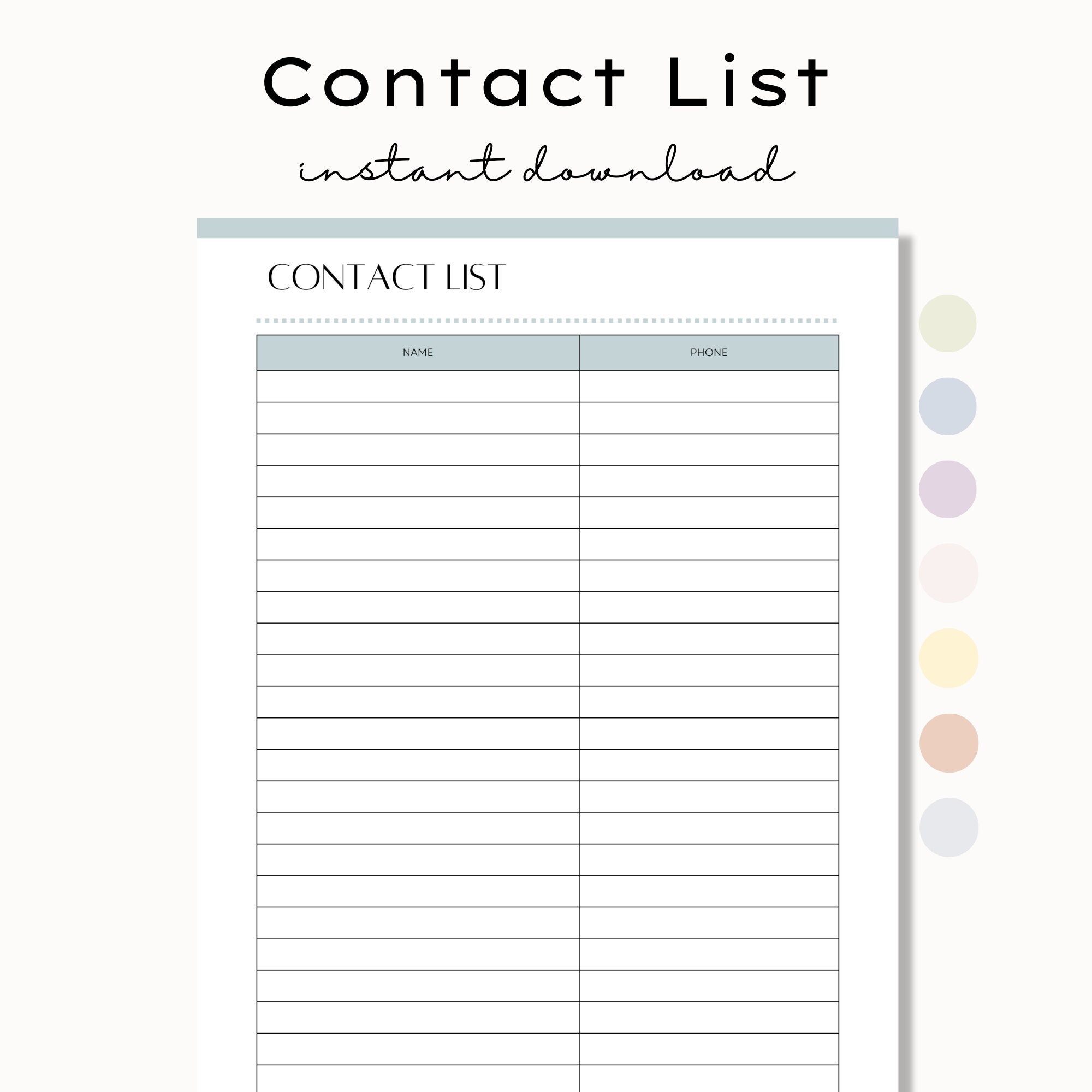 Printable Phone Contact List Template