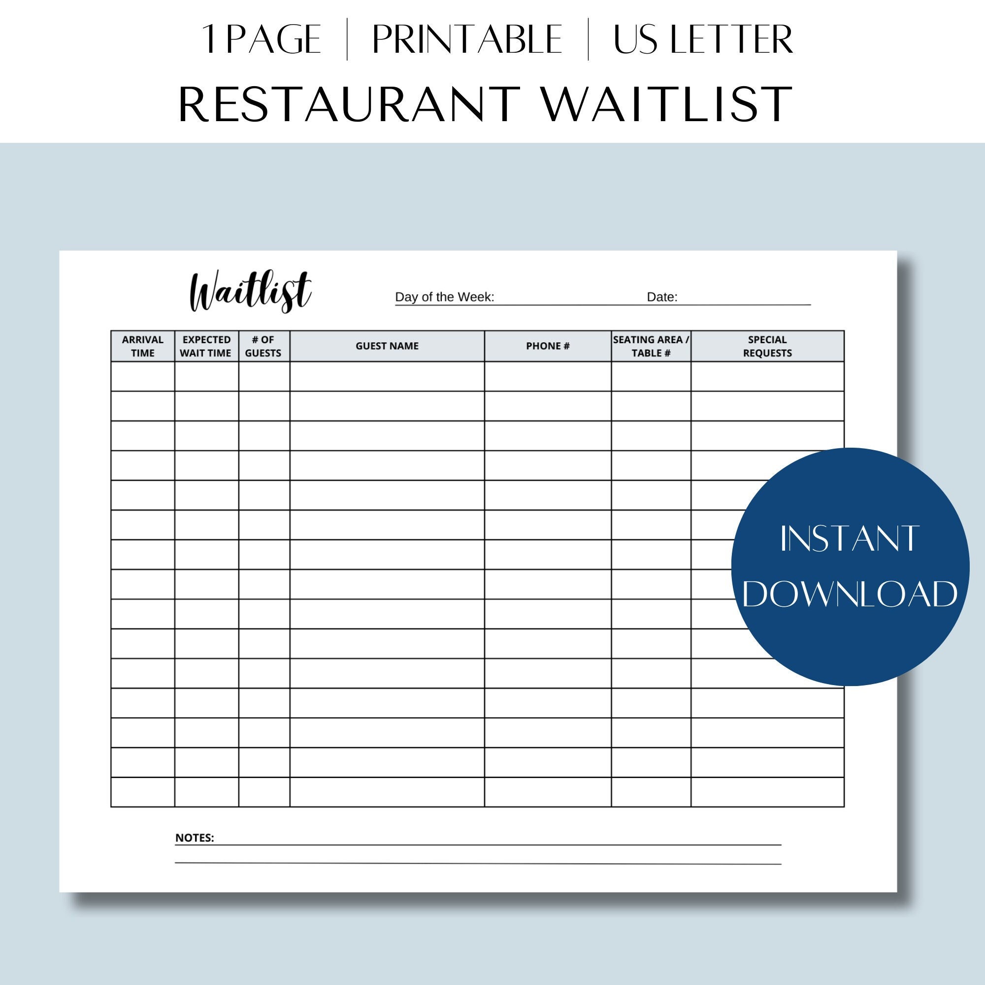 Printable Restaurant Waiting List Template