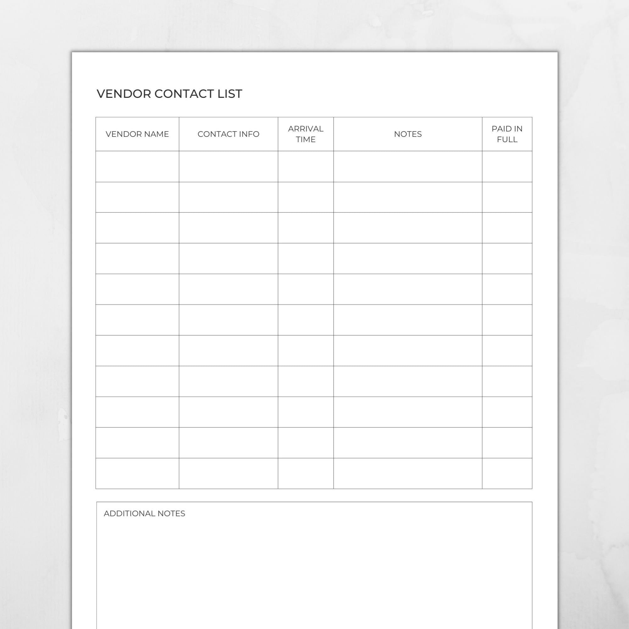 Printable Wedding Vendor Contact List Template