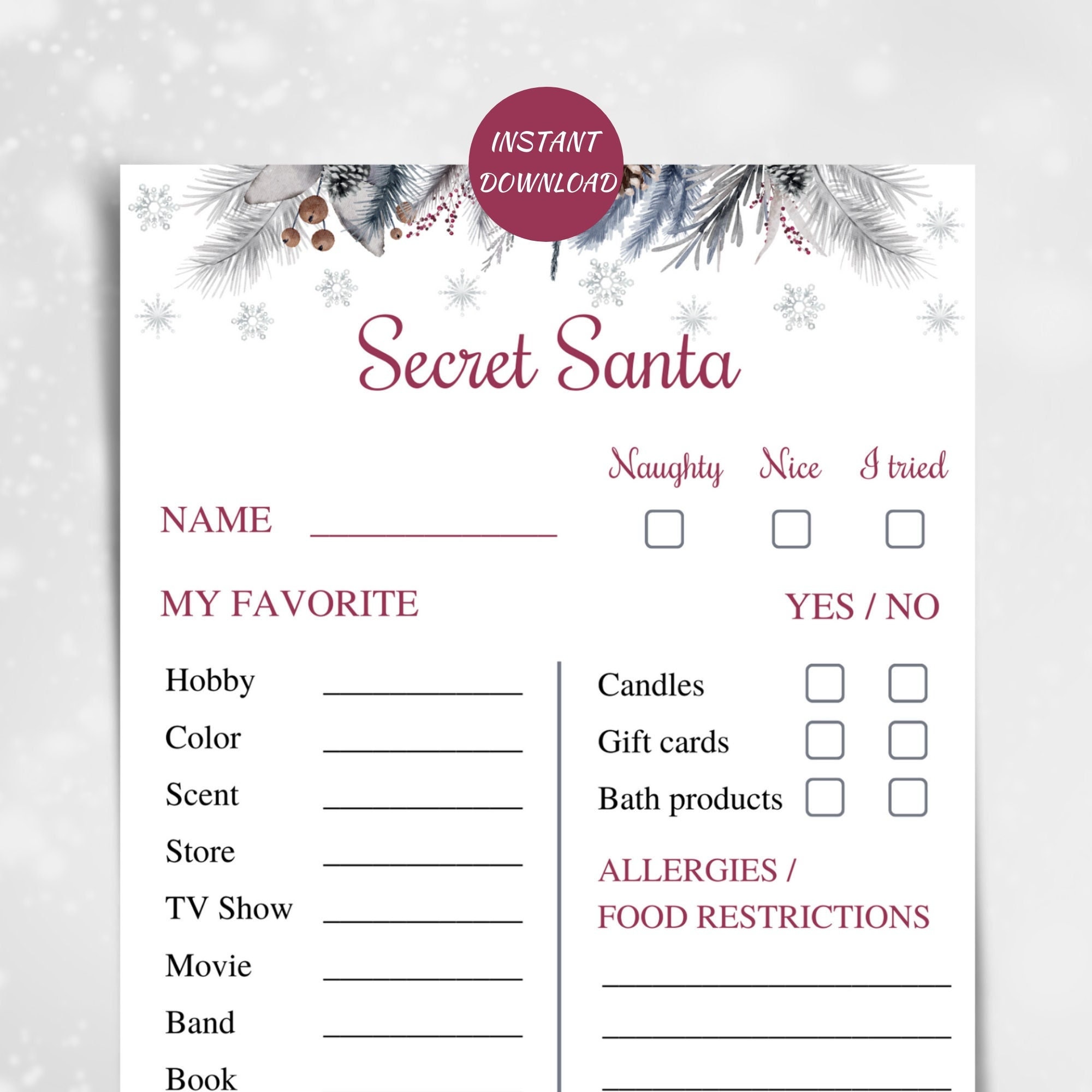 Secret Santa Name List Template