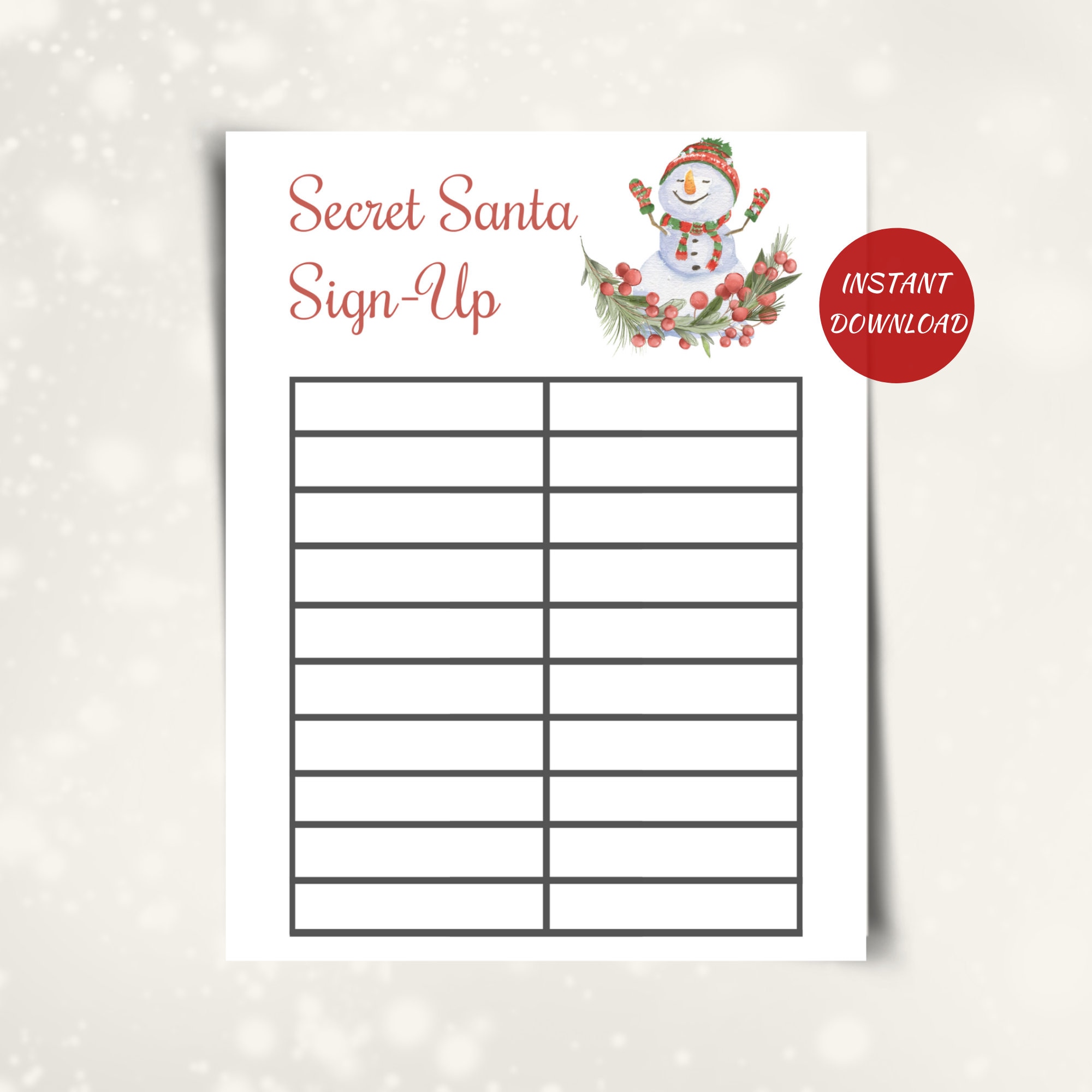 Secret Santa Sign Up List Template
