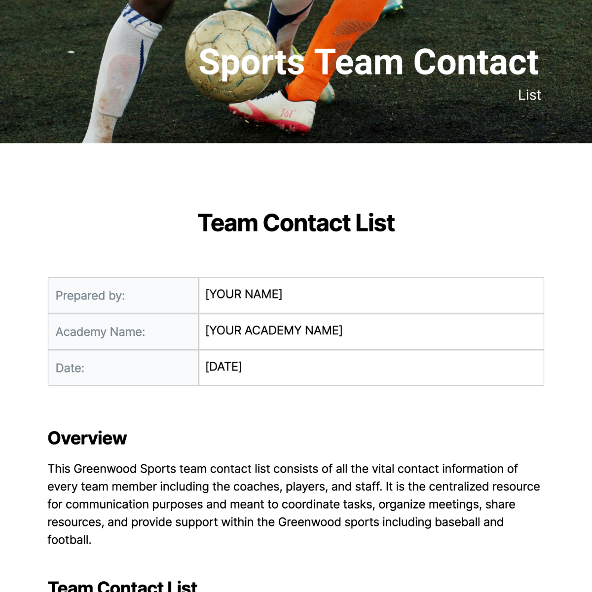 Soccer Team Contact List Template
