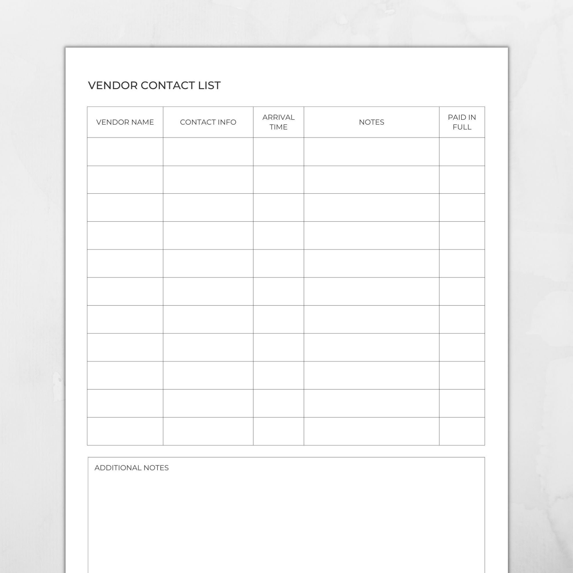 Wedding Vendor Contact List Template